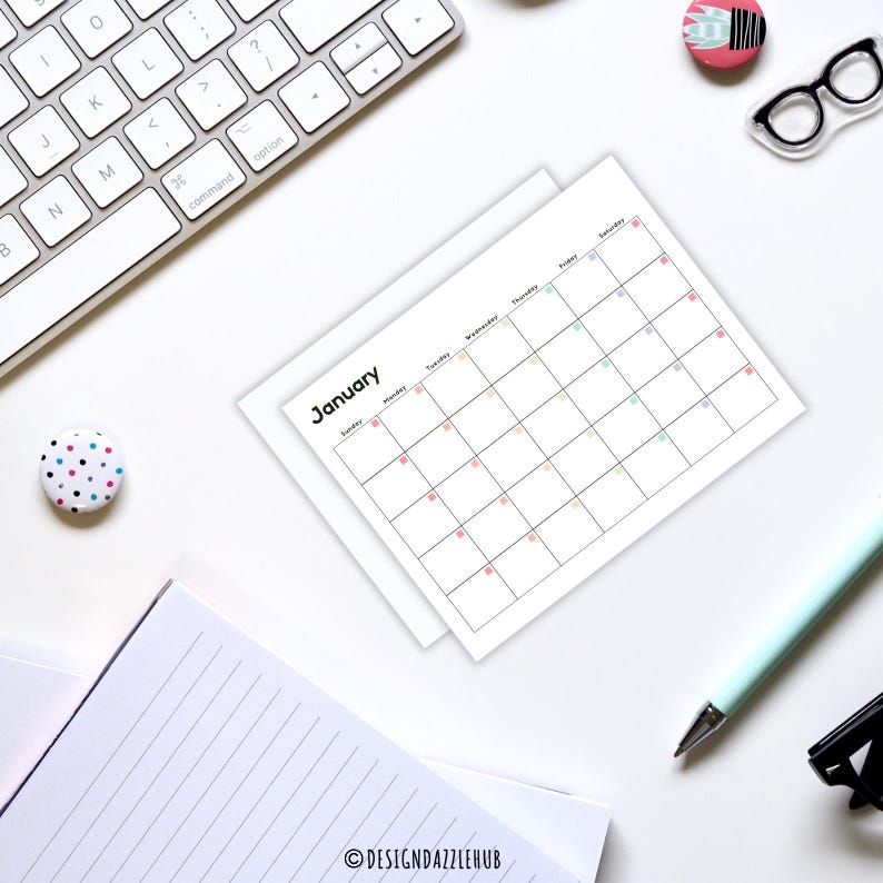 Printable Colorful Undated Monthly Calendar | Monday & Sunday Start ...