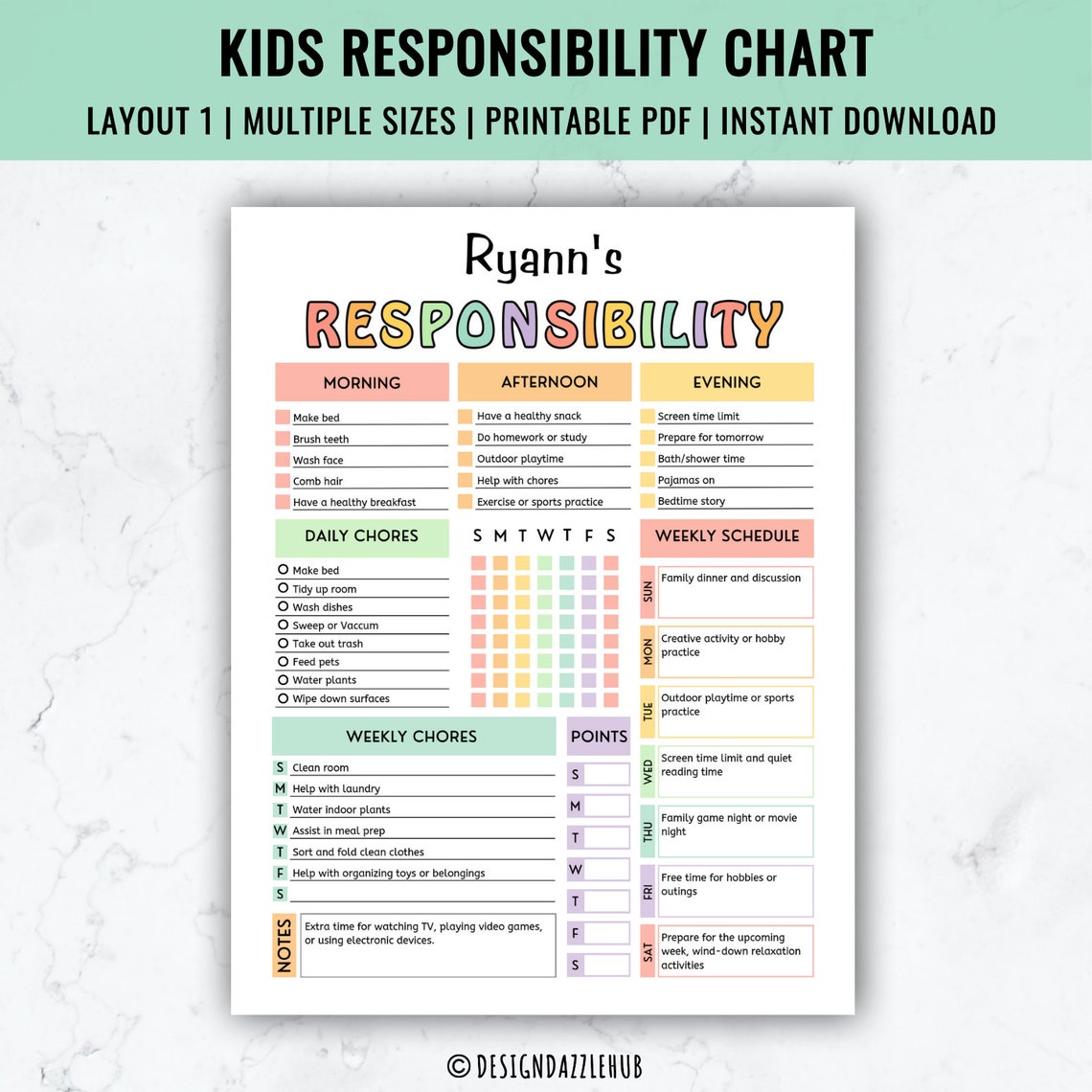 Responsibility Chart Template | Editable Chore List Template | Daily ...