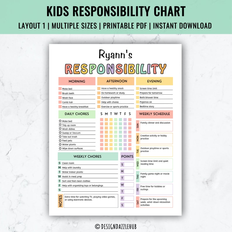Responsibility Chart Template | Editable Chore List Template | Daily ...