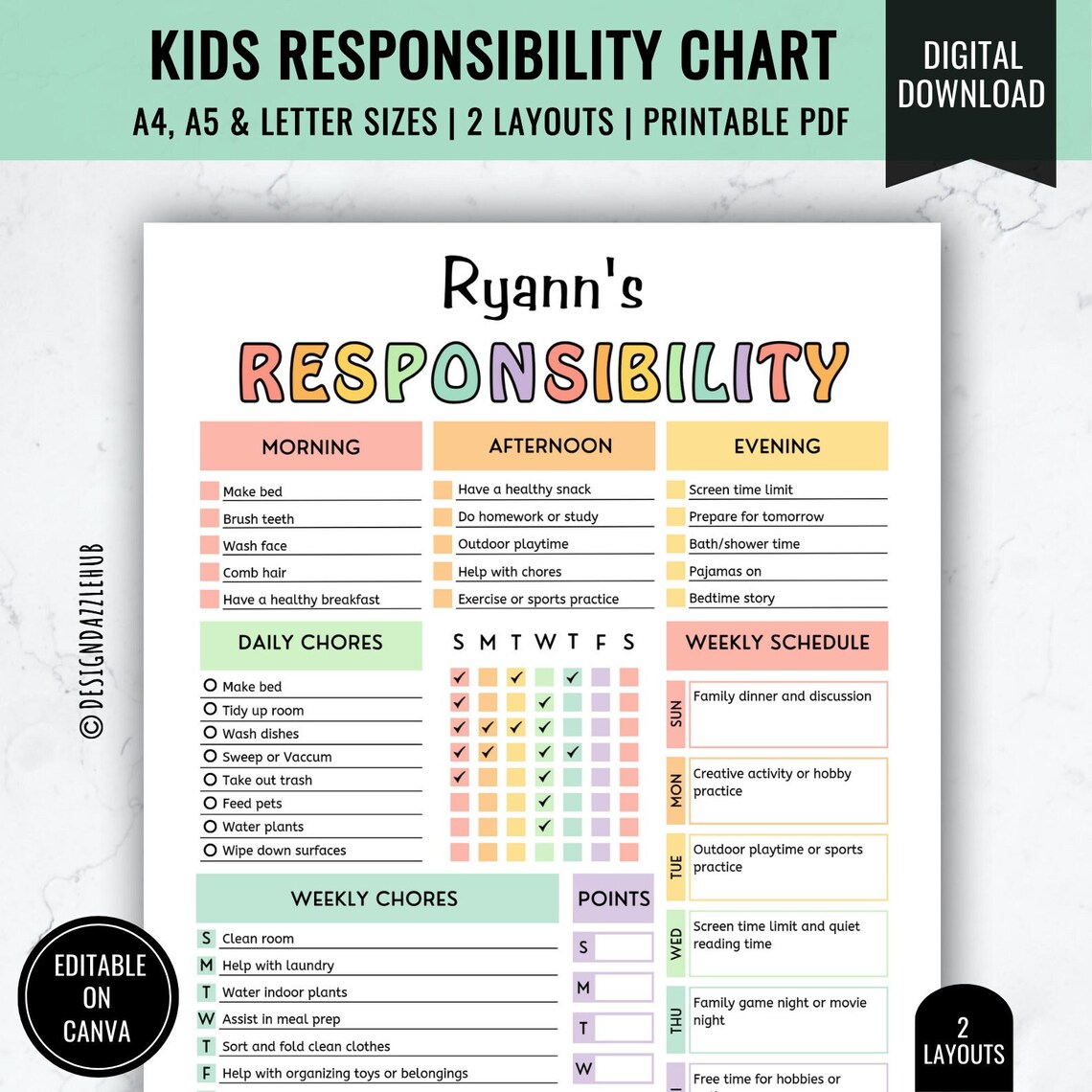 Responsibility Chart Template | Editable Chore List Template | Daily ...