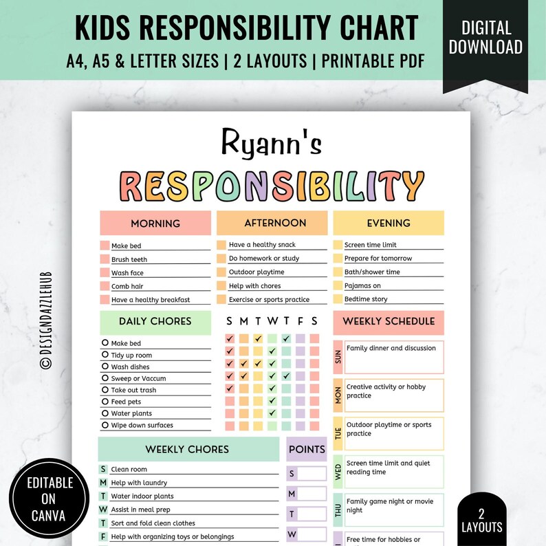 Responsibility Chart Template | Editable Chore List Template | Daily ...