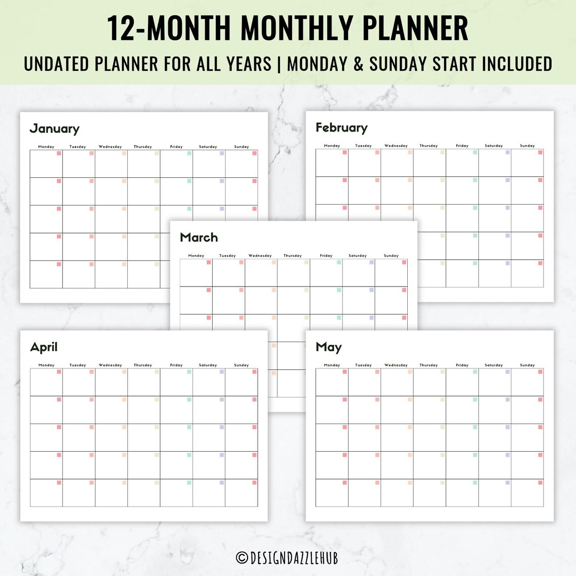 Printable Colorful Undated Monthly Calendar | Monday & Sunday Start ...