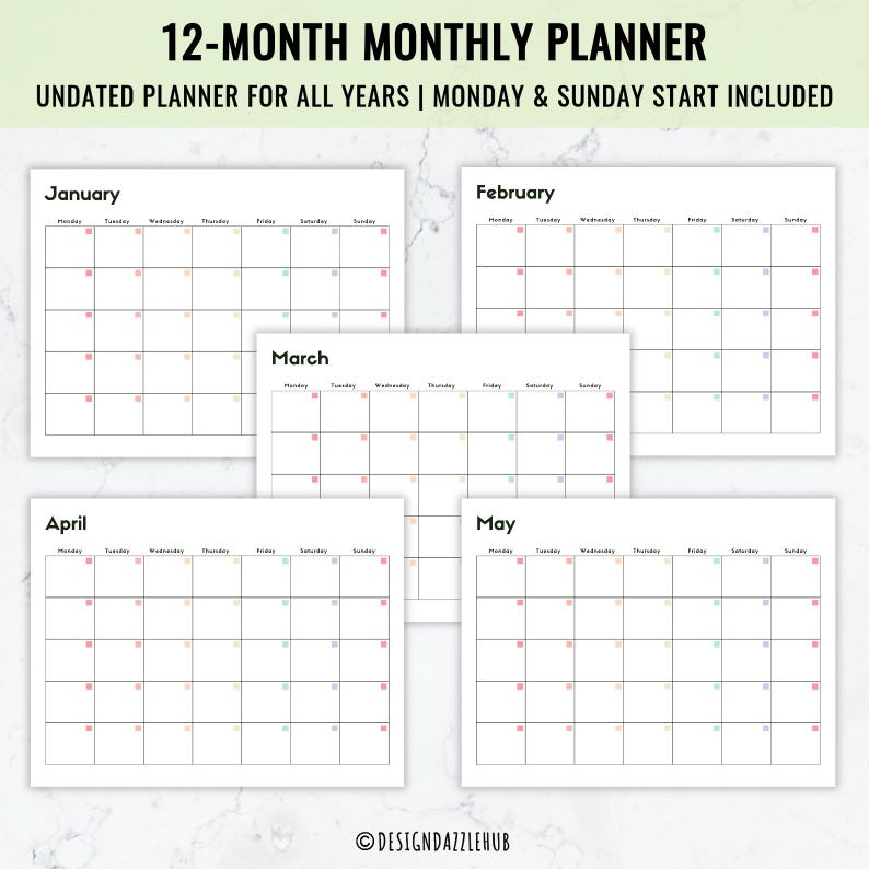 Printable Colorful Undated Monthly Calendar | Monday & Sunday Start ...