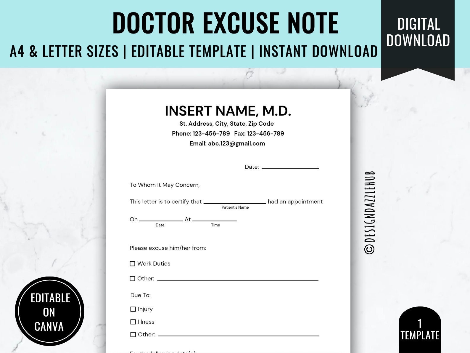 Editable Doctor Excuse Note Template for Work | Customizable Printable ...
