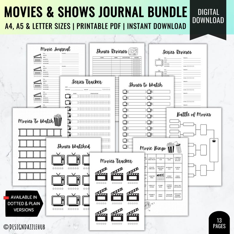 Movie & TV Show Journal Bundle: Tracker, Reviews, Bingo (digital ...