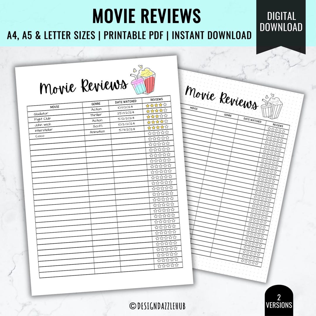 Printable Movie Review Tracker: Film Journal Template (digital Download ...