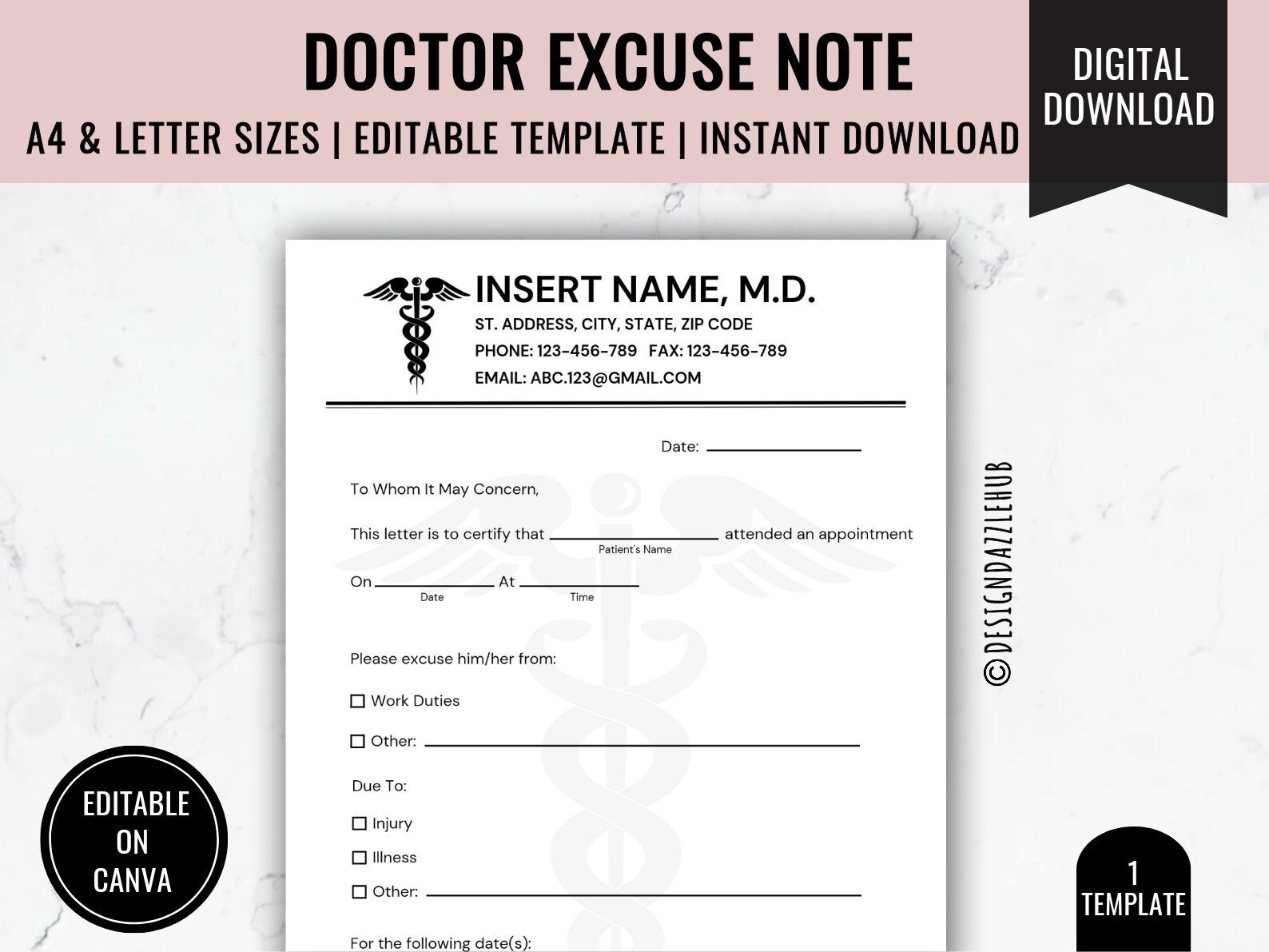 Editable Doctor Excuse Note | Printable Drs Note Template for Work or School | Doctor Excuse ...