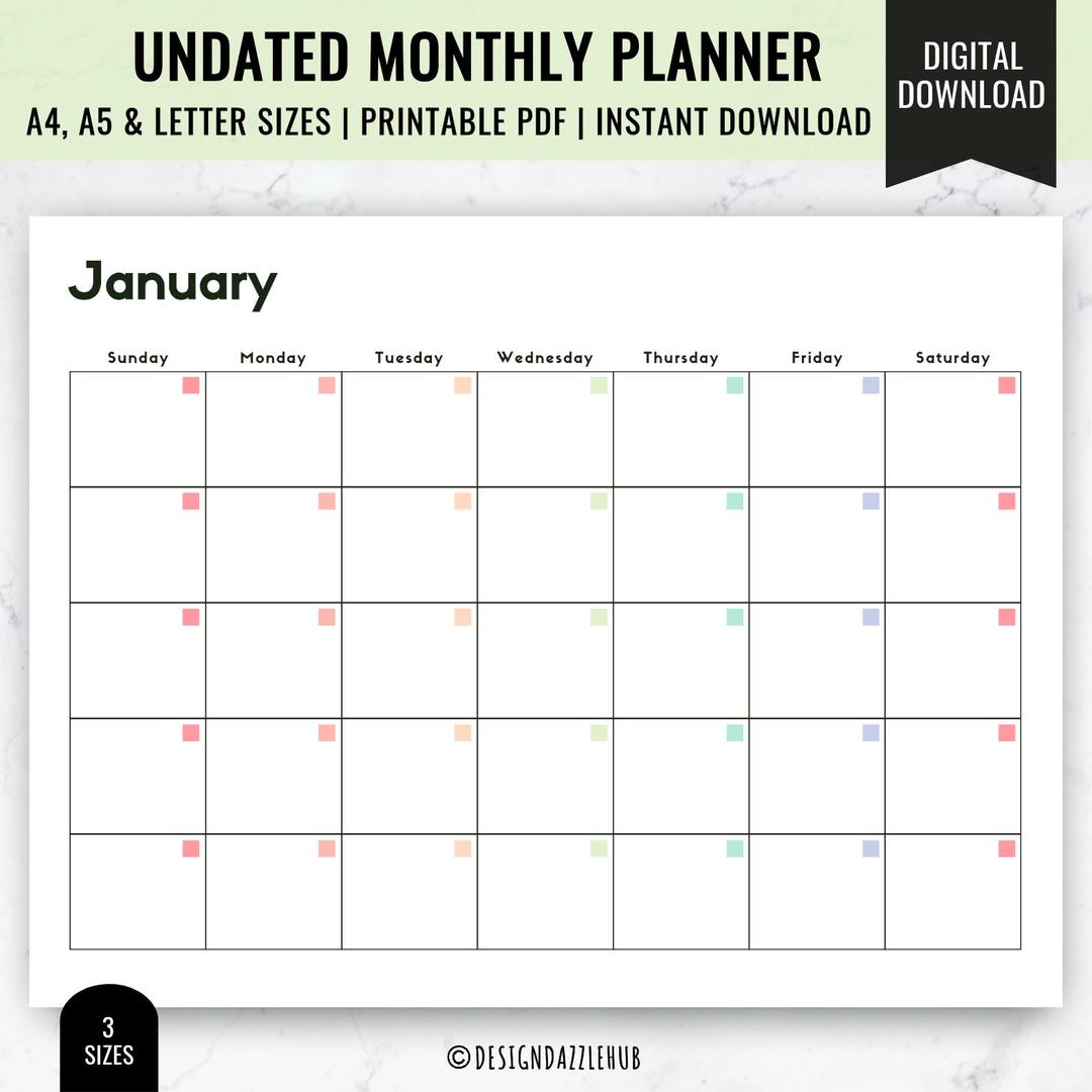 Printable Colorful Undated Monthly Calendar | Monday & Sunday Start ...