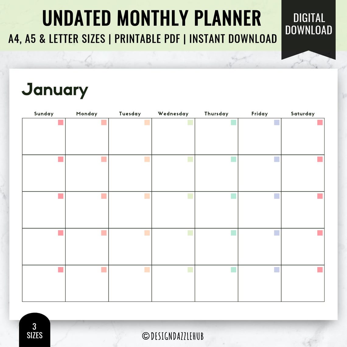Printable Colorful Undated Monthly Calendar | Monday & Sunday Start ...
