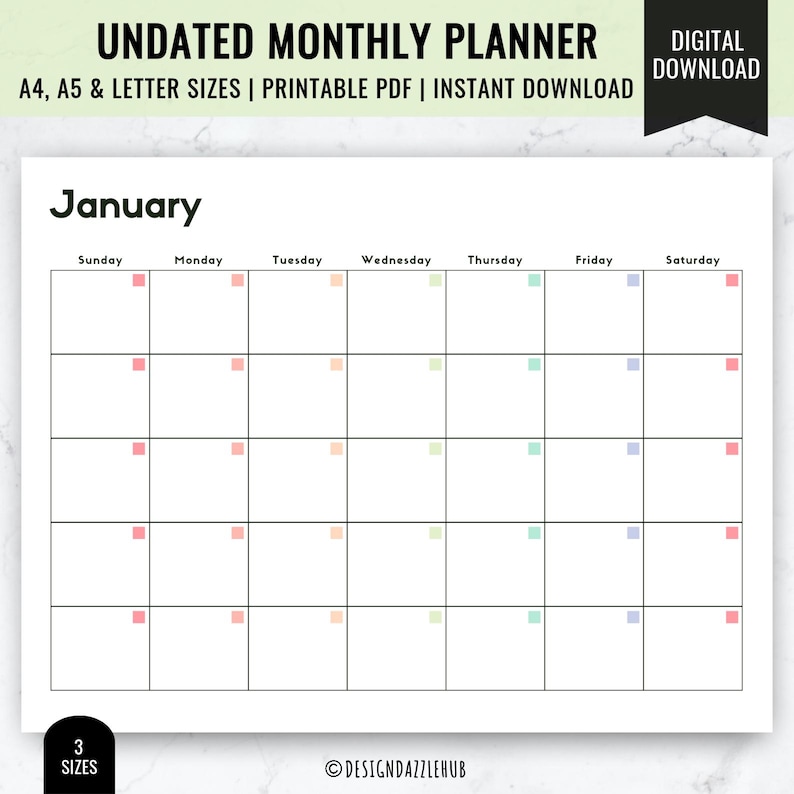 Printable Colorful Undated Monthly Calendar | Monday & Sunday Start ...