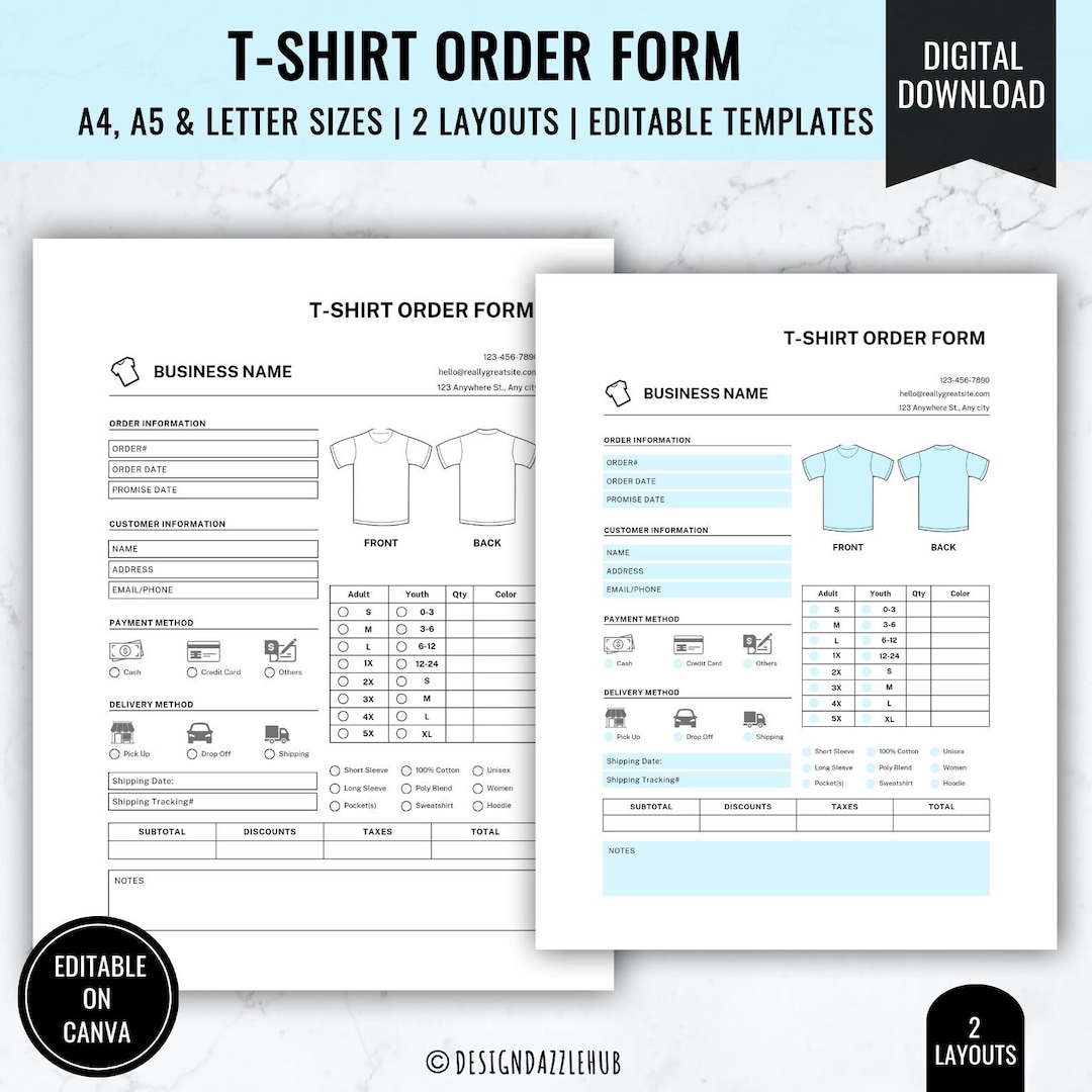 Editable T-shirt Order Form Template: Small Business PDF (digital ...