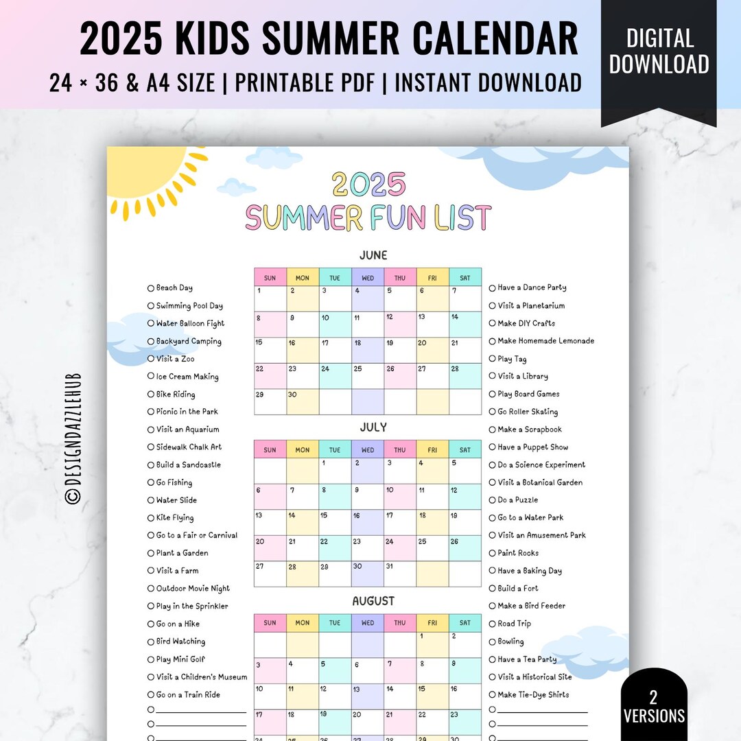 Printables Summer Fun Calendar | Kids Summer Activity Poster & Bucket ...
