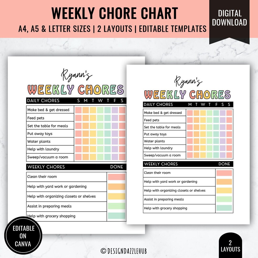 Weekly Chore Chart Template | Weekly Chore Chart Printable | Daily ...