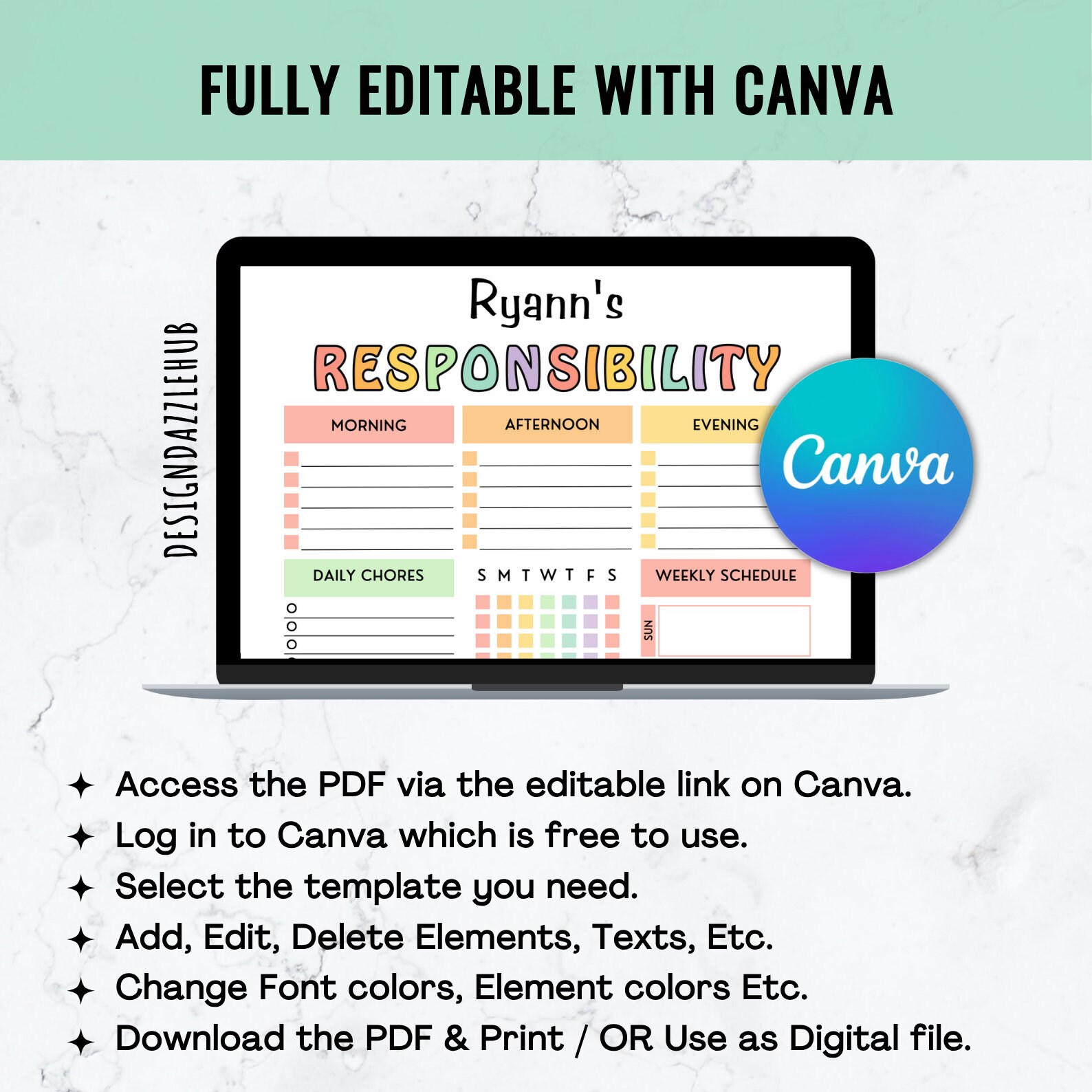 Responsibility Chart Template | Editable Chore List Template | Daily ...