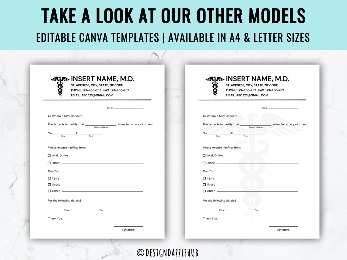 Editable Doctor Excuse Note Template for Work | Customizable Printable ...