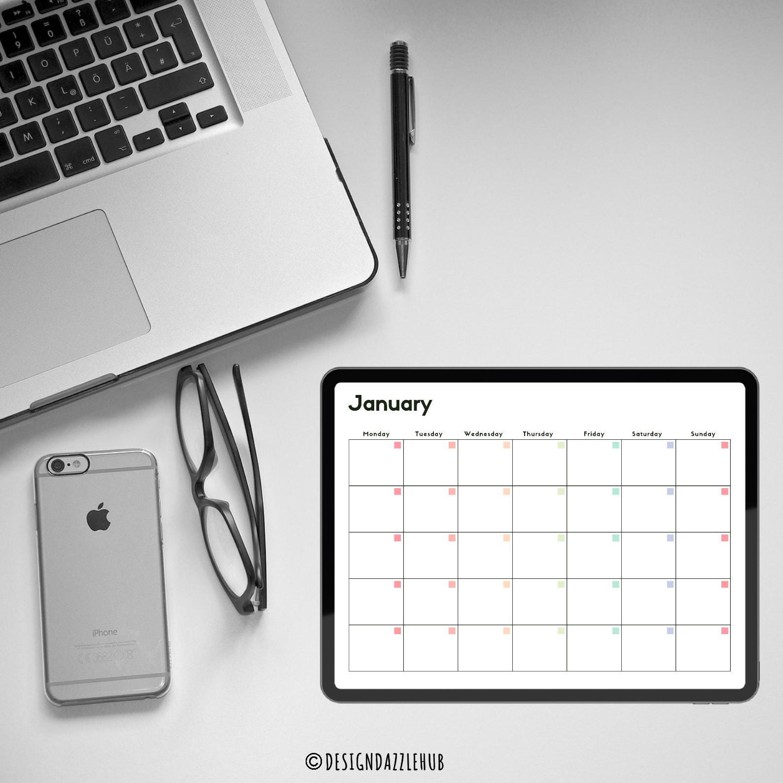 Printable Colorful Undated Monthly Calendar | Monday & Sunday Start ...