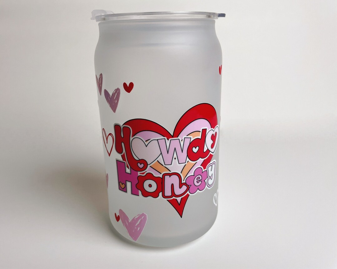 Howdy Honey Hearts Design Glass Cup | Iced Coffee Cup | Smoothie Cup ...