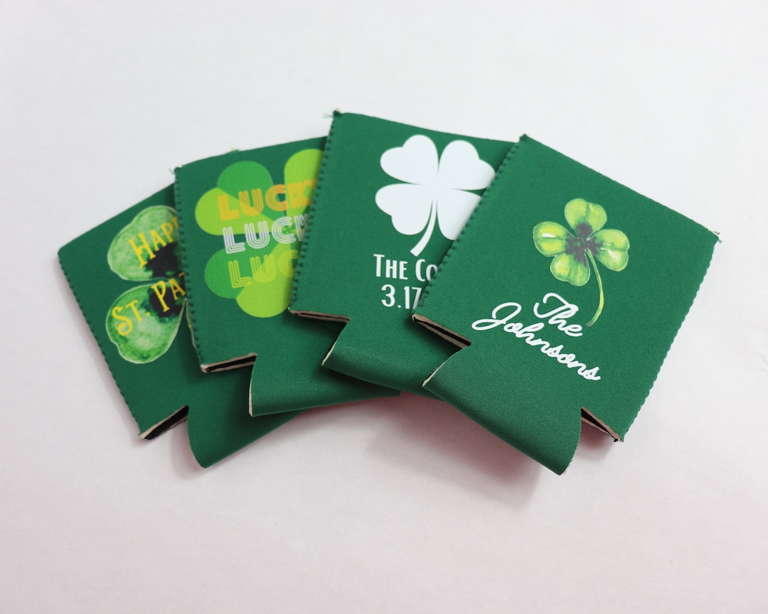 CUSTOM KOOZIE St. Patrick's Day Party Can Coolers With Personalization and 4 Leaf Clover ...