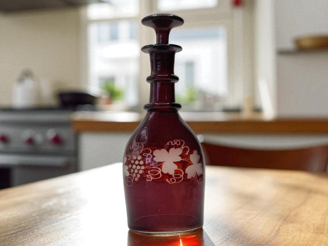 Vintage Bohemian Ruby Red Glass Decanter – Engraved Grapevine Motif ...