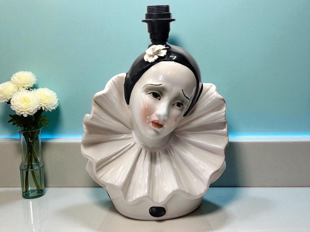 Vintage 1980s Ceramic Pierrot Table Lamp - Expressive Face and ...
