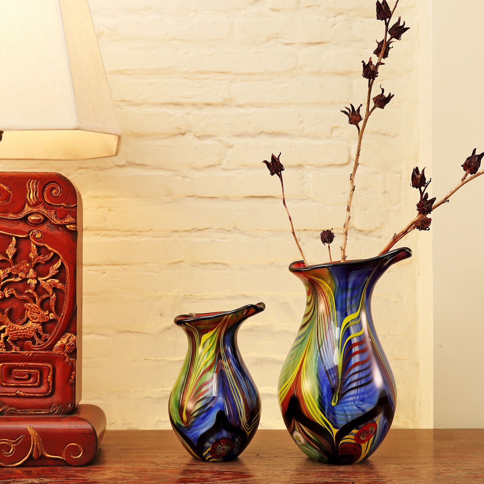 Hand Blown Abstract Teardrop Art Glass Vase With Angled Lip 9.5-13.5 ...