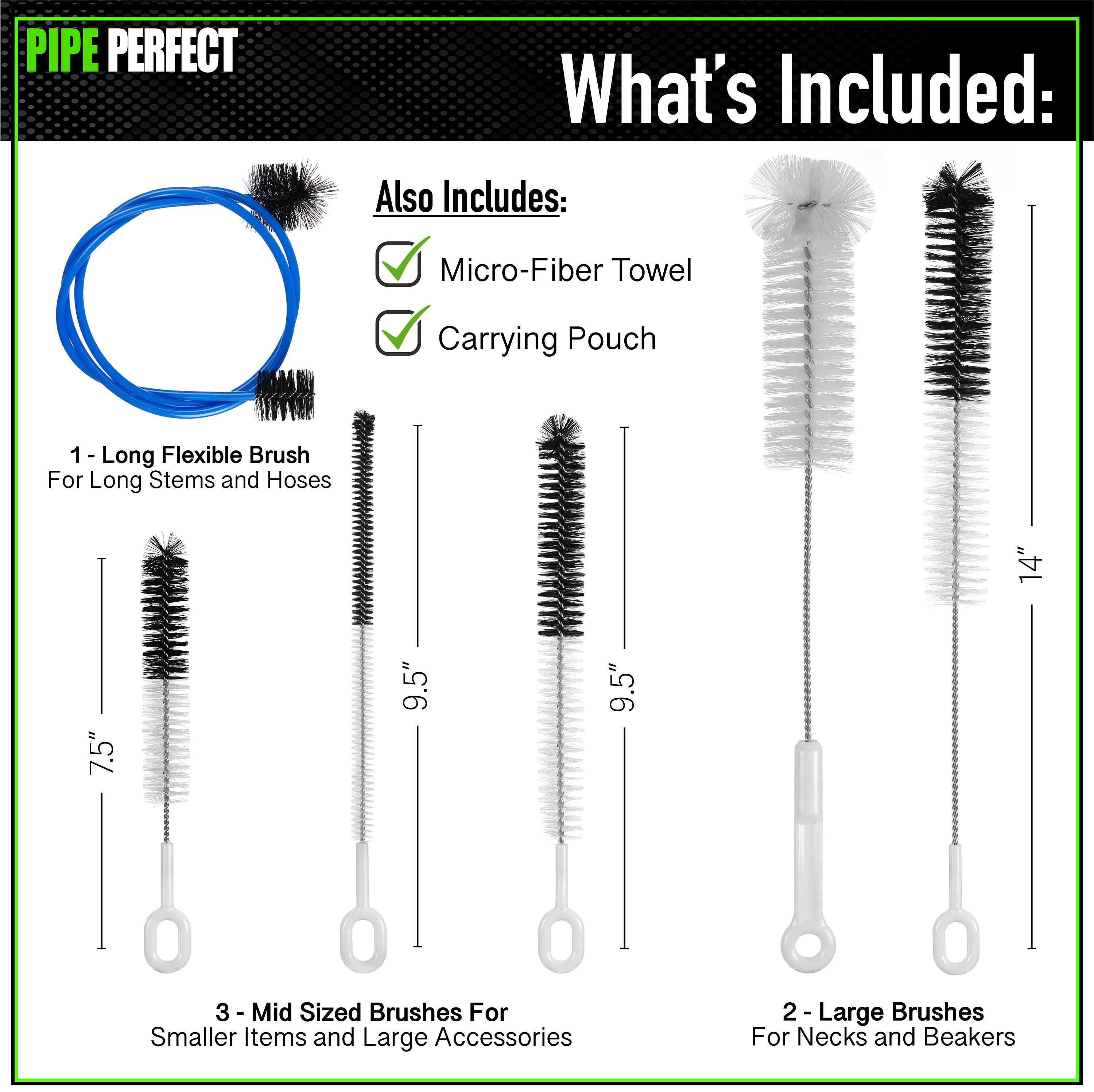 XL Pipe Perfect Cleaning Brush Pack Variety Brush Set, Nylon Pipe Tube ...