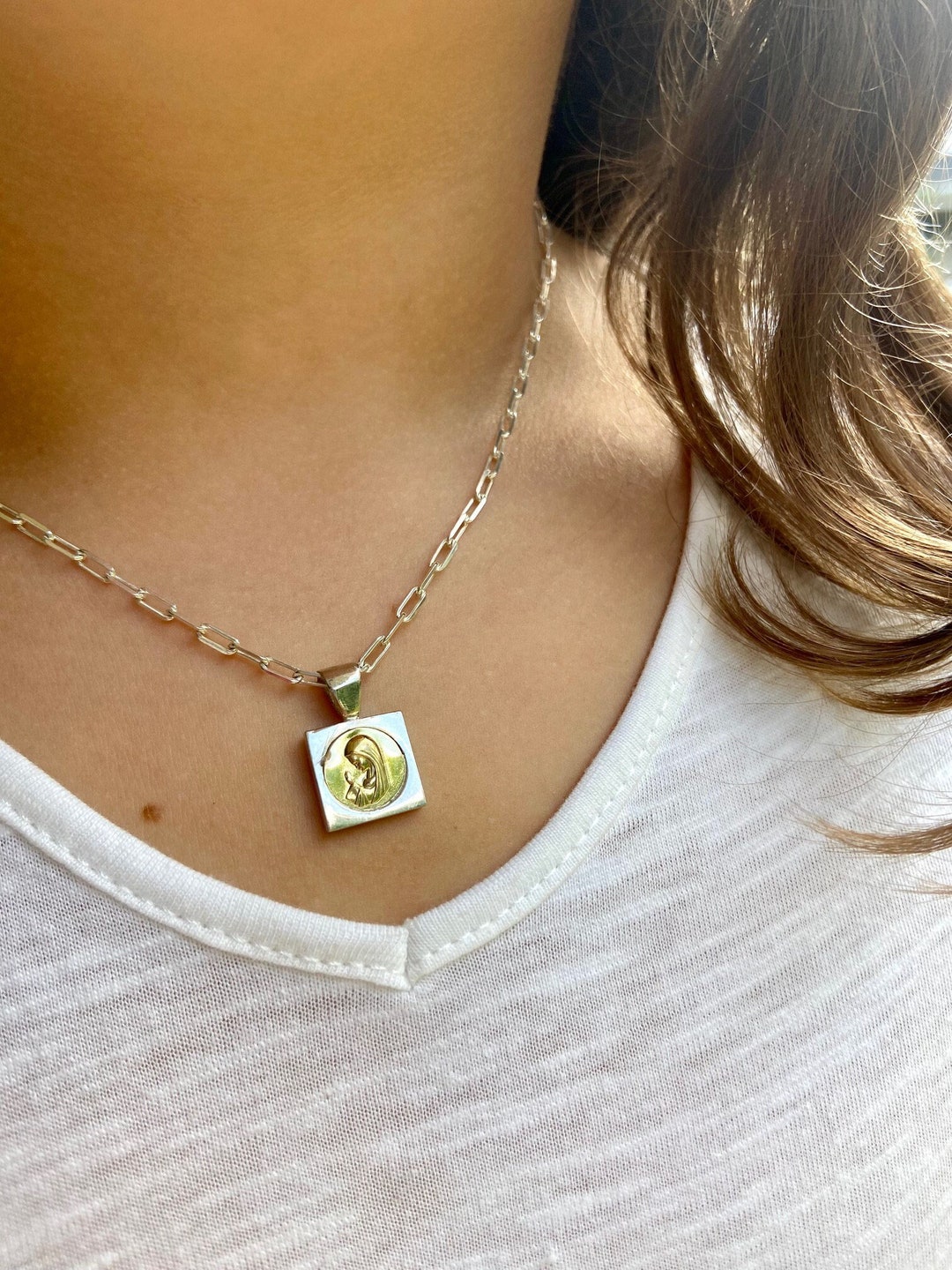 Young Blessed Mother Square Pendant Real Gold and 925 Sterling Silver ...