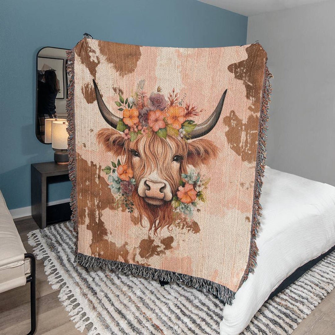 BOHO Highland Cow and Cowhide Heirloom Woven Blanket - Etsy