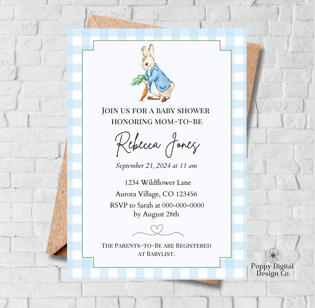 Peter Rabbit Baby Shower Invitation, Watercolor Bunny Invitation, 5 X 7 In, Instant Digital ...