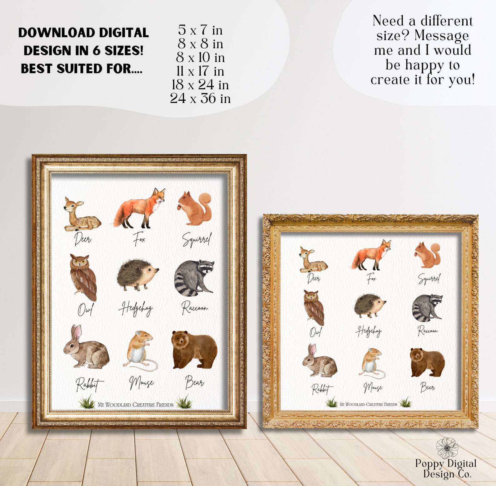 Textured Watercolor Woodland Creatures Wall Decor, Instant Digital ...