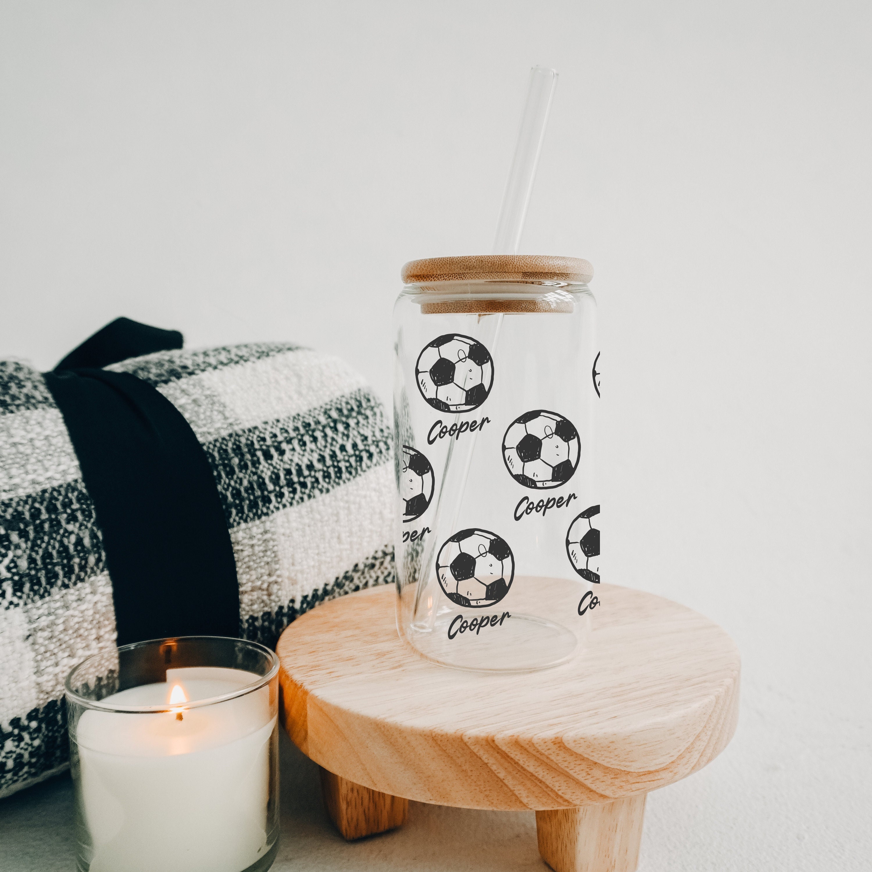 Custom Soccer Glass Tumbler Soccer Boy Glass Can Soccer Summer Camp ...