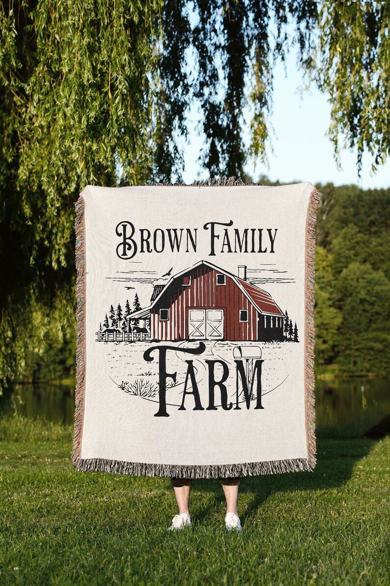 Custom Red Barn Woven Blanket Farm Throw Barn Cotton Blanket Family ...