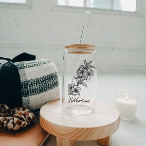Custom Flower Name Glass Cup Floral Tumbler With Straw Flower Glass Can ...