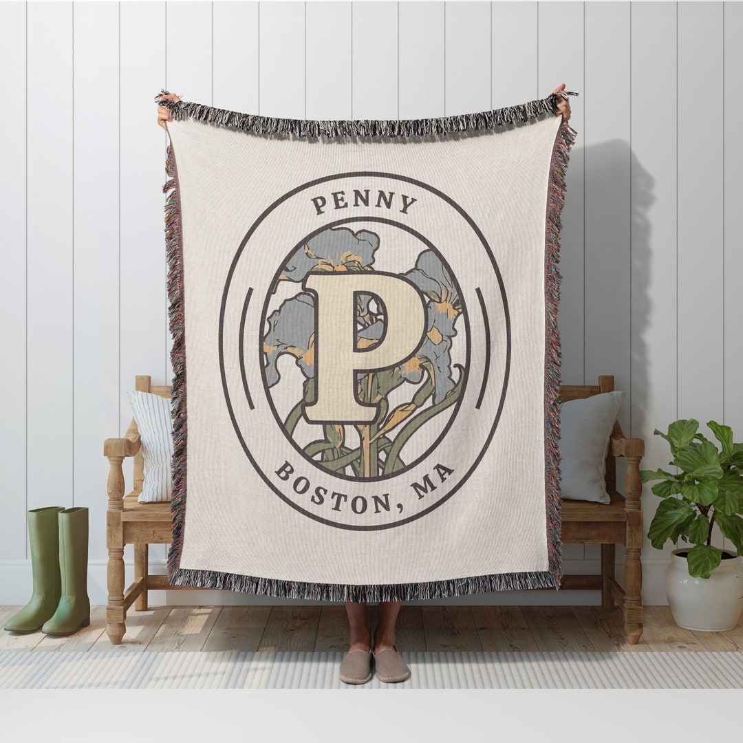 Blue Flower Initial Woven Blanket Custom Initial Floral Cotton Blanket ...