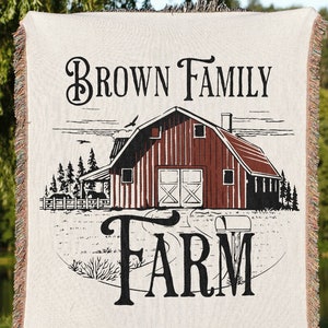 Custom Red Barn Woven Blanket Farm Throw Barn Cotton Blanket Family ...
