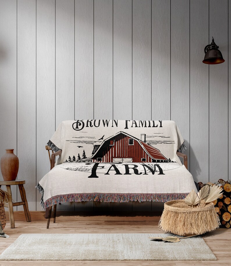 Custom Red Barn Woven Blanket Farm Throw Barn Cotton Blanket Family ...
