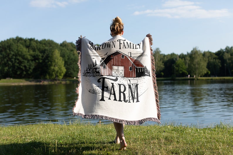 Custom Red Barn Woven Blanket Farm Throw Barn Cotton Blanket Family ...