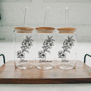 Custom Flower Name Glass Cup Floral Tumbler With Straw Flower Glass Can ...