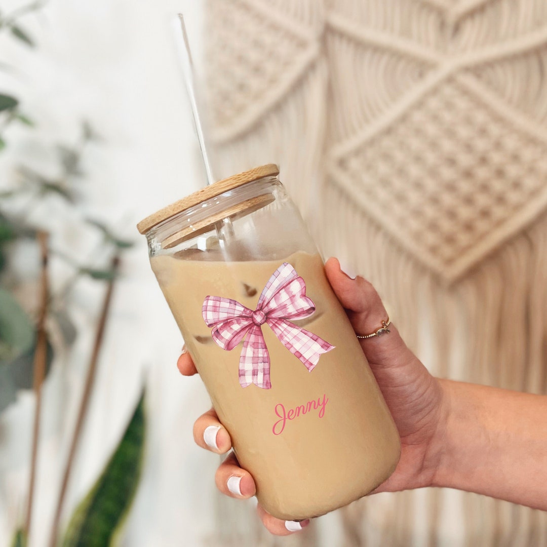 Custom Pink Bow Glass Cup Plaid Bow Tumbler With Straw Pink Plaid Bow ...