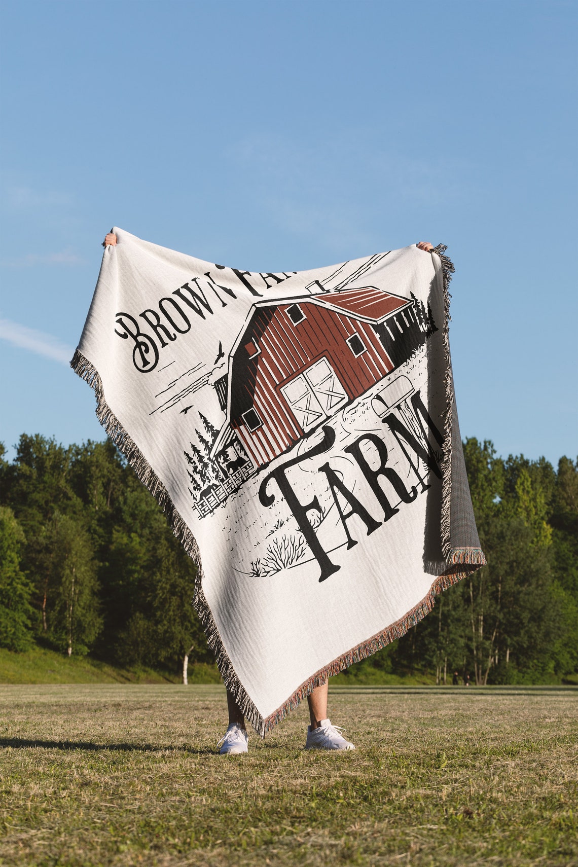 Custom Red Barn Woven Blanket Farm Throw Barn Cotton Blanket Family ...