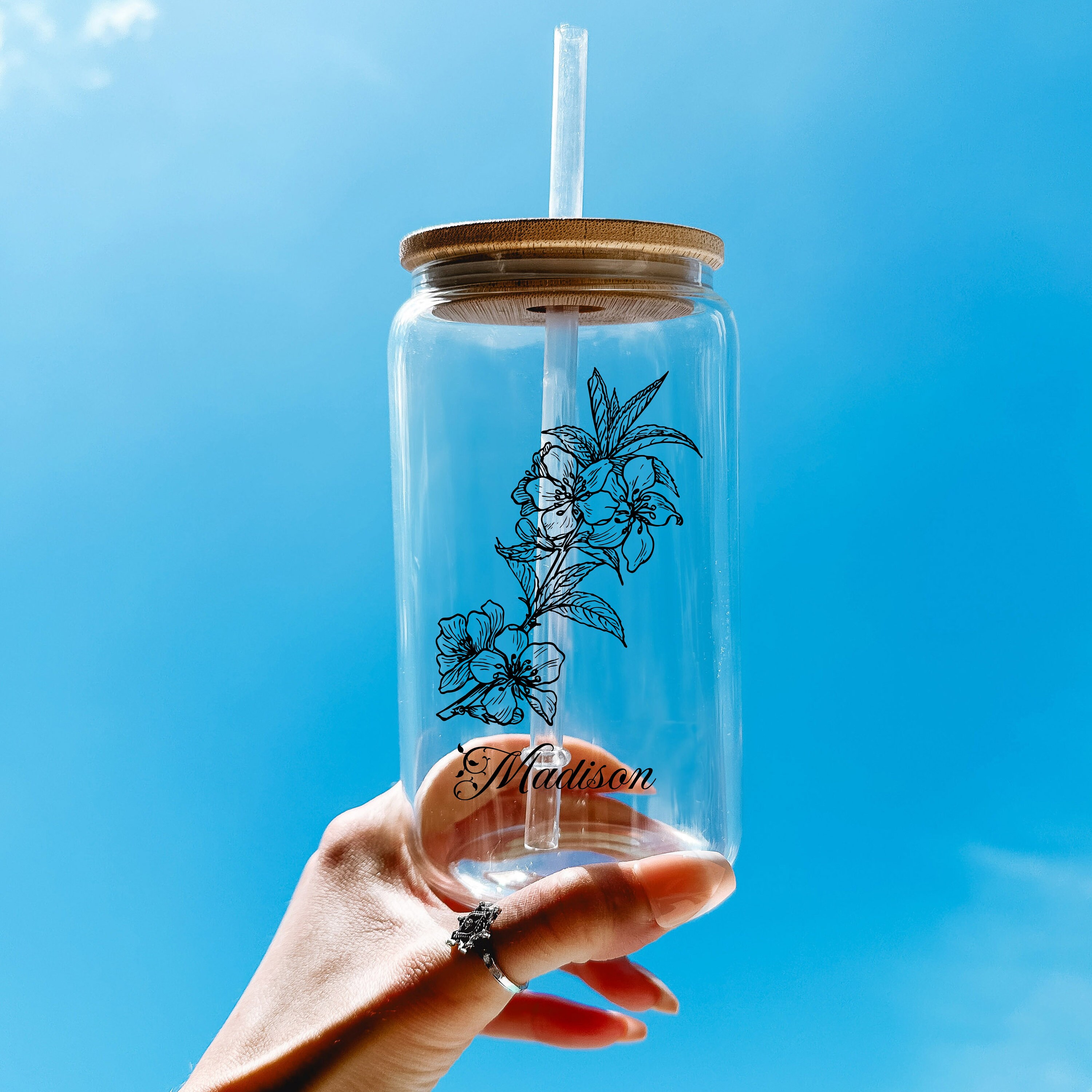 Custom Flower Name Glass Cup Floral Tumbler With Straw Flower Glass Can ...