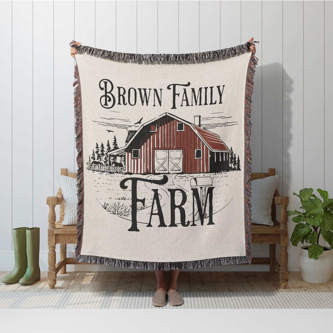 Custom Red Barn Woven Blanket Farm Throw Barn Cotton Blanket Family ...