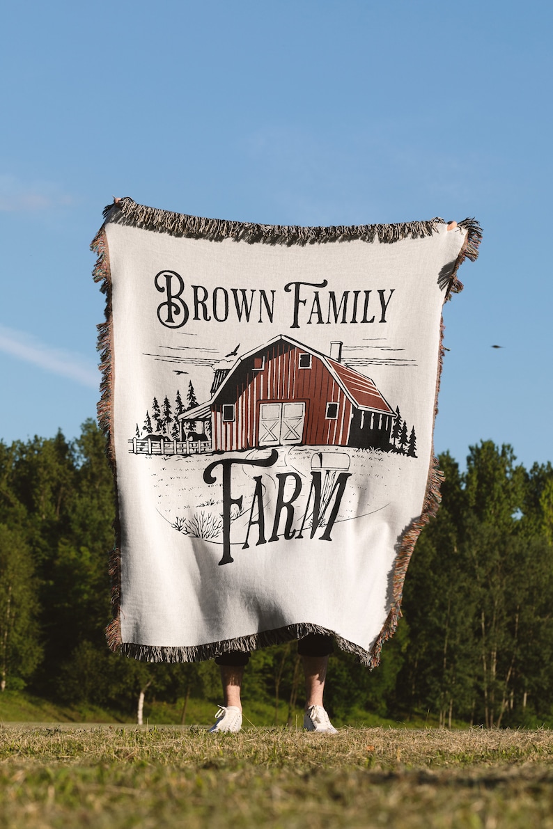 Custom Red Barn Woven Blanket Farm Throw Barn Cotton Blanket Family ...