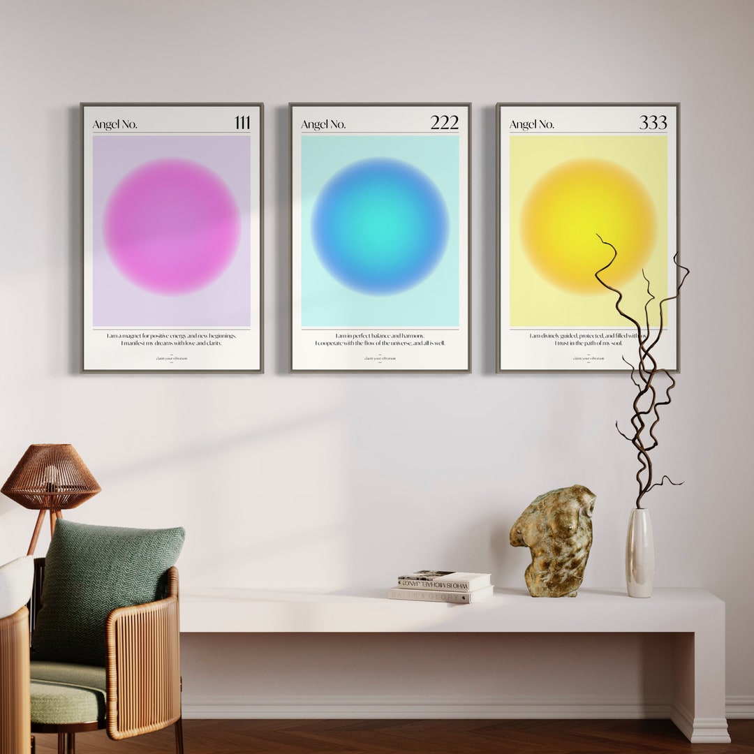 Angel Numbers 111, 222, 333 Gradient Aura Poster Set, Printable Wall ...