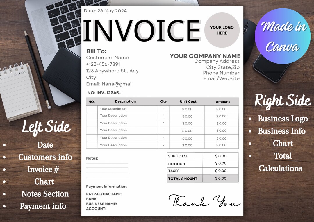 Black Invoice Templateeditable Canva Template Printable - Etsy