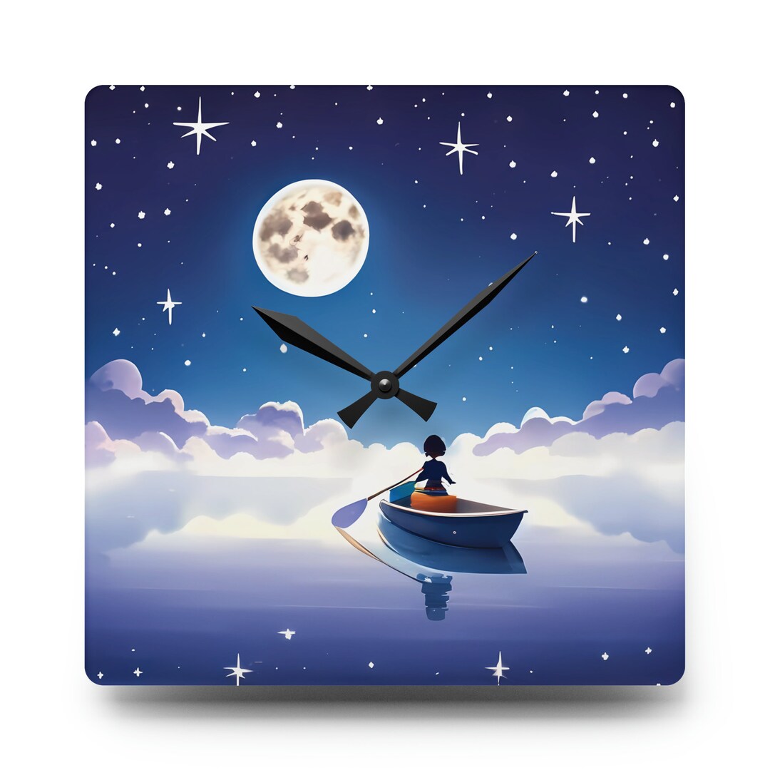 A Girl in a Boat in the Clouds Staring up at the Moon Acrylic Wall ...