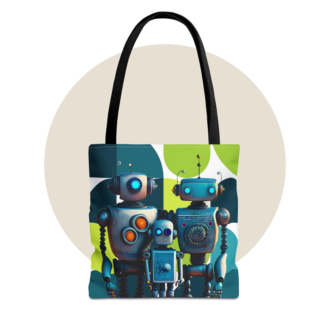 Robot Family Tote Bag, Blue Green Reusable Shopping Beach Book Gift ...