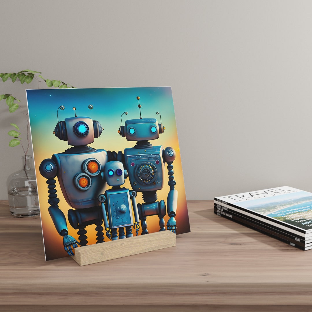 Robot Family Portrait Gallery Board With Stand, Robot Print - Etsy