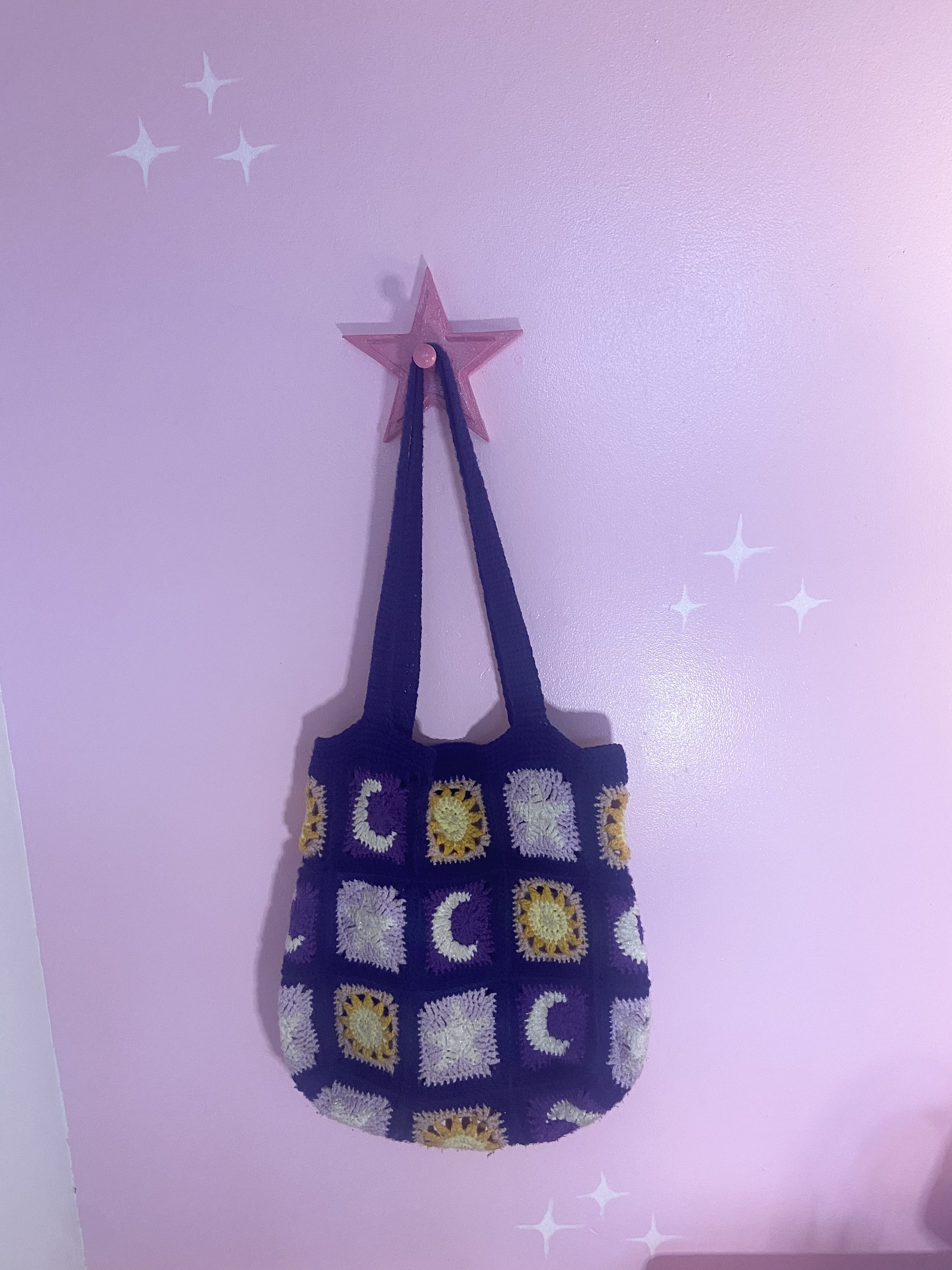 Sun, Moon, and Star Crochet Tote Bag | Celestial Granny Square Purse ...