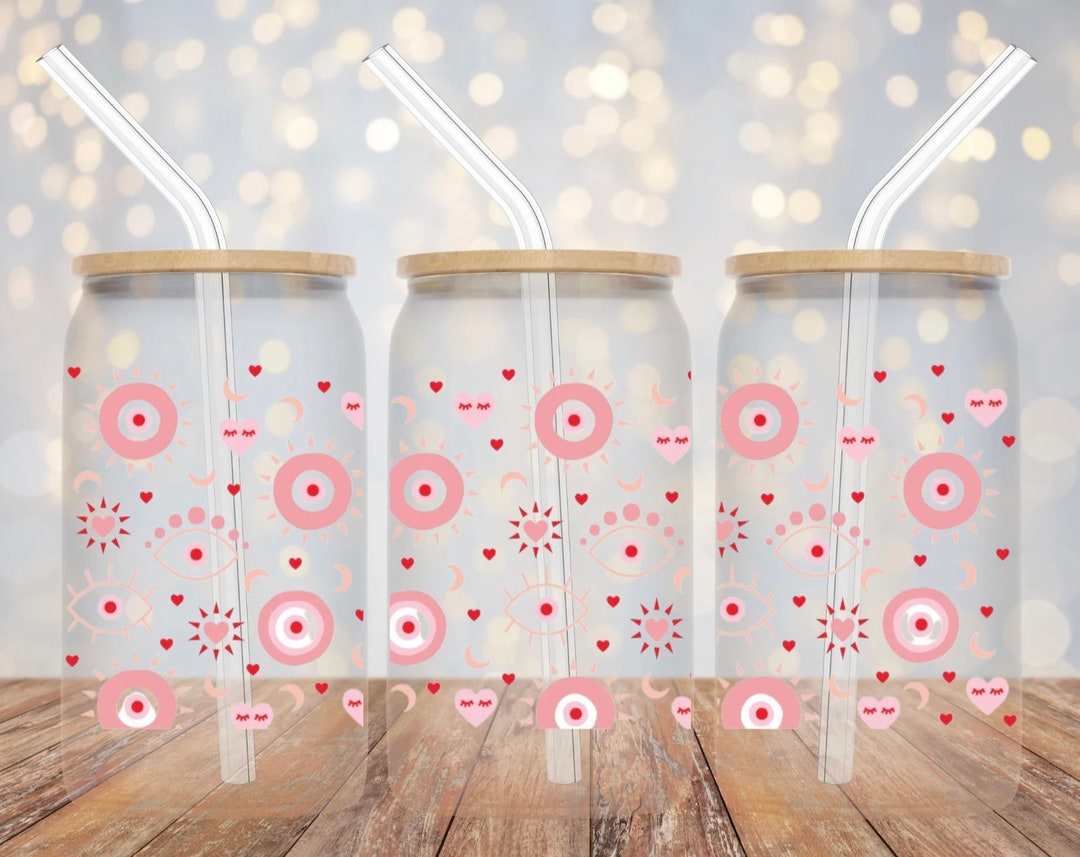 Evil Eye Cute Glass Can Trendy Aesthetic 16oz Coffee Glass With Lid and ...